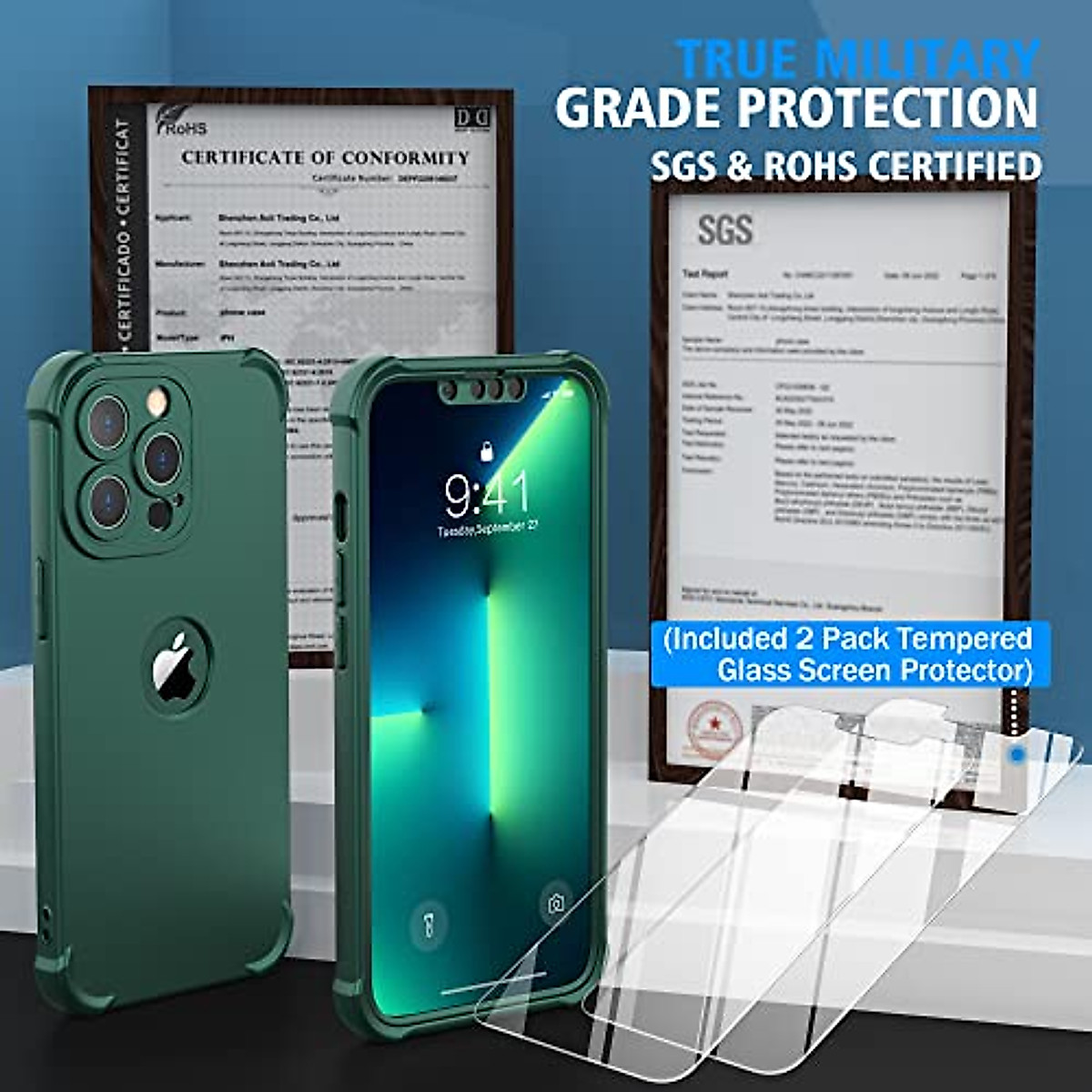ORETECH for iPhone 13 Pro Case,with [2 x Tempered Glass Screen Protector] 360 ° Full Body Shockproof Protective Phone Case for iPhone 13 Pro 6.1 inch - Classic Green