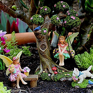 PRETMANNS Fairy Garden Accessories – Fairy Garden Fairies - Fairy Garden Kit, with Garden Fairies – Cute Garden Fairy Miniatures & Fairy Tree Swing with Puppy – 4 Piece Fairy Set