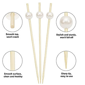 Elyum Cocktail Picks 100 PCS Toothpicks for Appetizers Bamboo Cocktail Skewers for Appetizers with White Pearls Food Picks for Party, Wedding, Dessert, Fruit (White, 4.7 Inch)