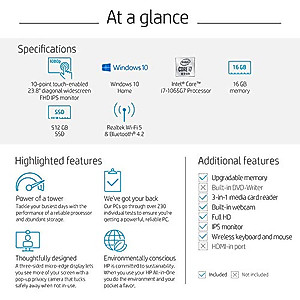 HP 24-inch All-in-One Touchscreen Desktop Computer, Intel Core i7-1065G7 Processor, 16 GB RAM, 512 GB SSD, Windows 10 Home (24-dp0180, Silver)