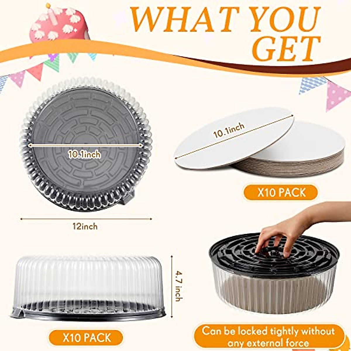 Tessco 10 Pieces 10-11 Inch Plastic Cake Containers with Lids and Thickened Cake Boards Round Cake Carriers Disposable Cake Holder with Lid Clear Cake Transport Container Clear Cake Box