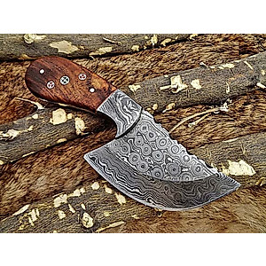 6.7"5 long compact Hand Forged Damascus Steel wide blade skinning Knife with 3.5" cutting, Natural Walnut scale with Damascus Bolster, Cow Hide leather sheath (wood)
