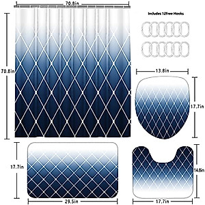 LQCOOL 4Pcs Navy Blue Shower Curtain Set White Blue Gradient Bathroom Shower Curtain Set with Rugs Water Repellent White Bathroom Decor Waterproof Fabric Shower Curtain Set with Rugs