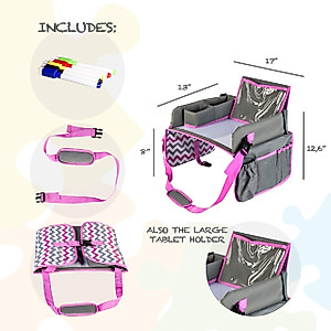 Kids Travel Tray, Car Seat Tray for Kids Travel with Dry Erase Board for Your Child's Rides and Flights, Travel Tray for Kids Car Seat, Kids Road Trip Essentials (Pink)