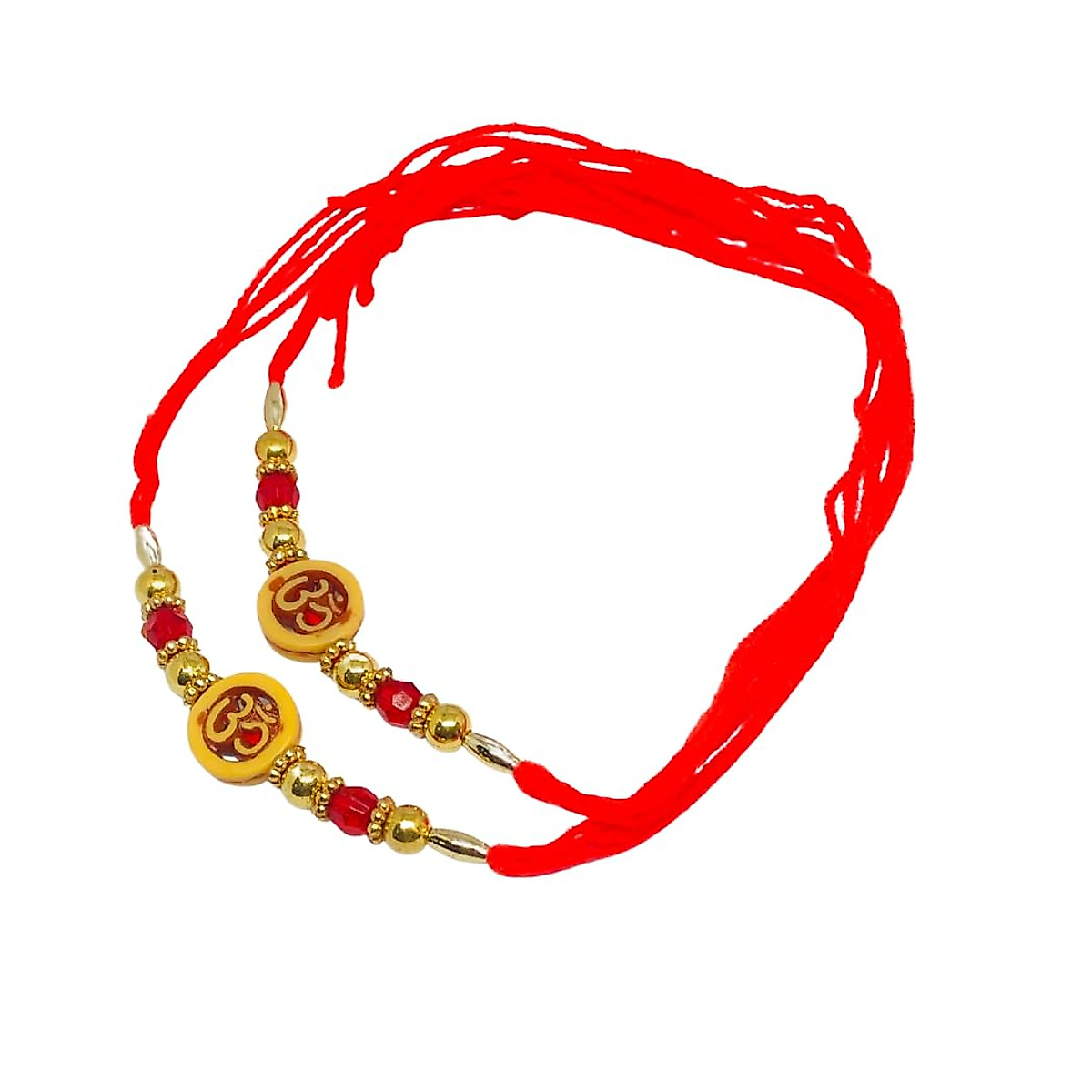 ZYRENA Rakhi for Brother Bhaiya Bhabhi, Gift Rakhi for Family, Raksha Bandhan Festival Rakhi for Bhaiya and Bhabhi, Round Om Pendant with Red-Golden Beads and Rings Rakhi Thread, Pack of 2
