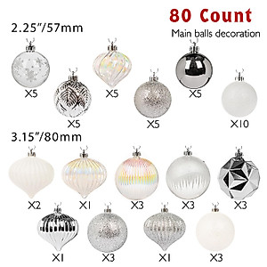 Every Day is Christmas Deluxe 80 Piece Set of Shatterproof Ornaments, Full Tree Ornament Set, Christmas Balls and Decorations (Silver White)