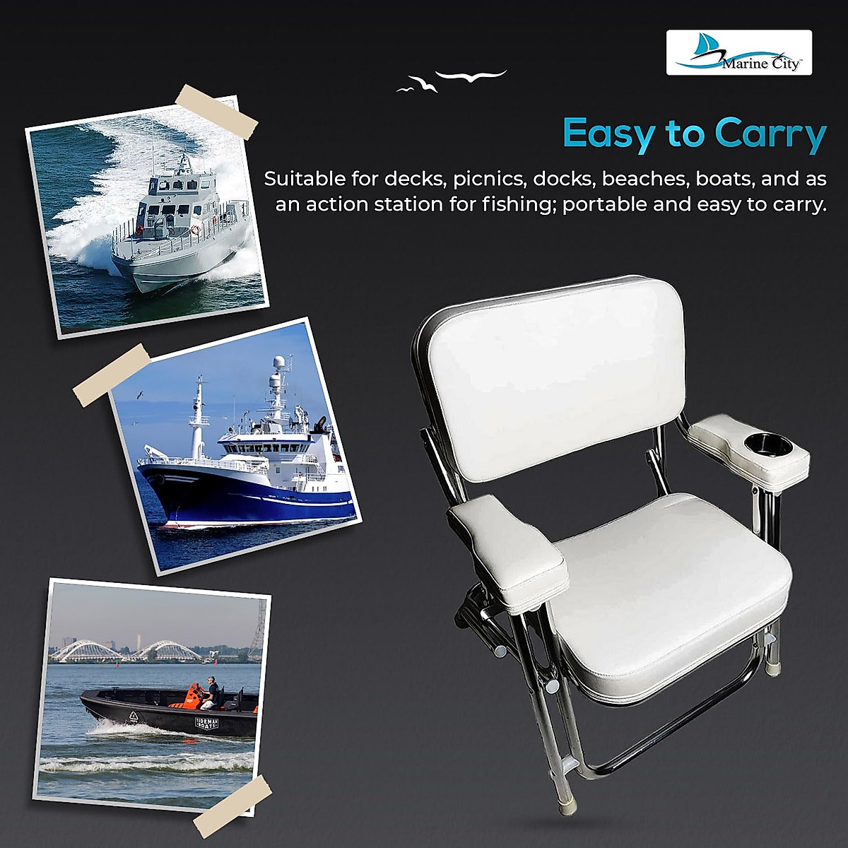 MARINE CITY Aluminum Portable Folding Cushioned Boat Deck Beach Chair with Drink Cup Holder for Marines – Boats – Yachts – Ships