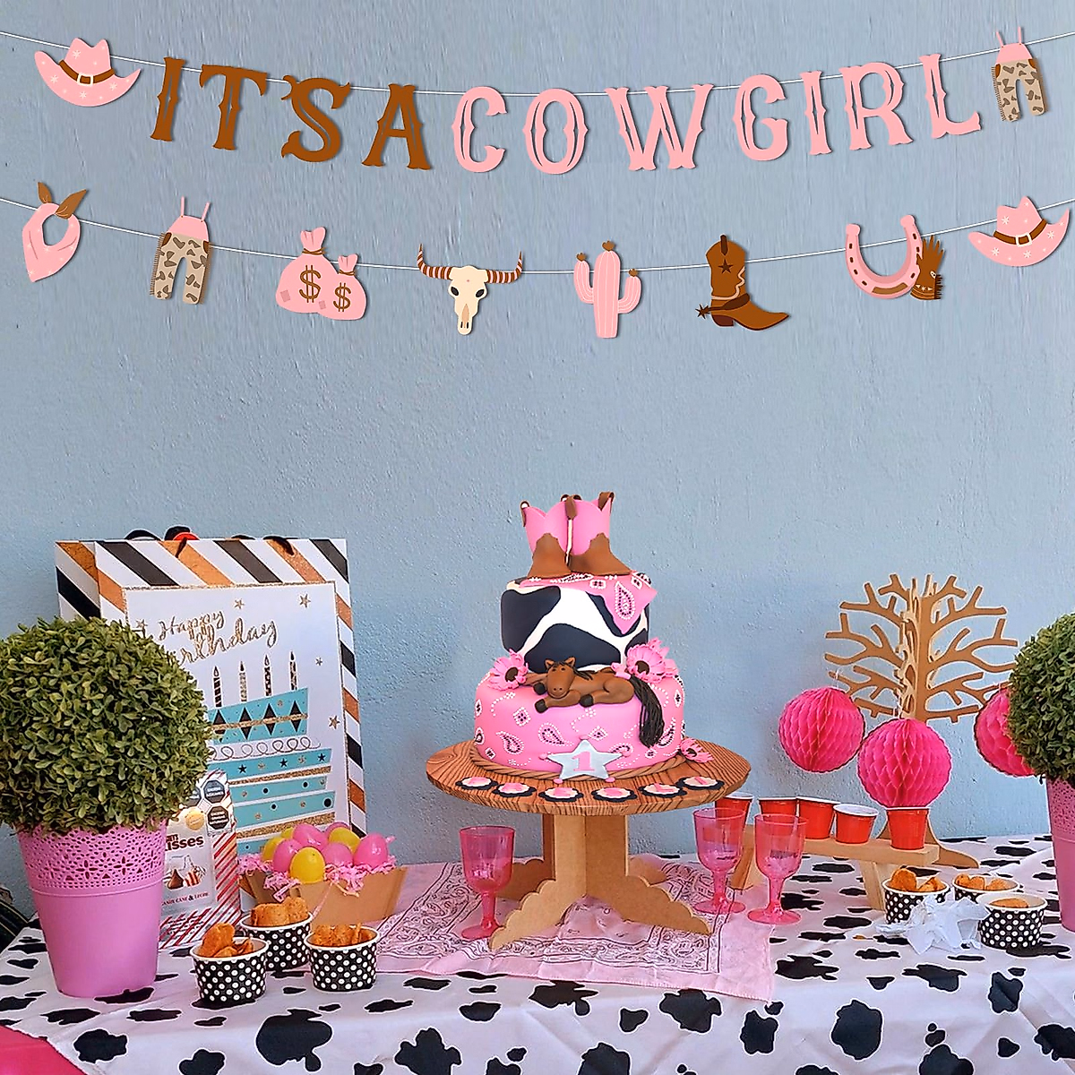 Cowgirl Baby Shower Banner, It's a Cowgirl Bunting Garland, Pink Hats Boots Cactus Gender Reveal, Pregnancy Announcement, My First Rodeo, Western Theme Party Decoration Supplies