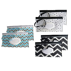 6 Pack Portable Wet Wipe Pouch Dispenser,Reusable & Refillable Portable Baby Lightweight Wipes Holder Case,Handy & Eco Friendly Travel Wipes Bag (Blue & Black & White)
