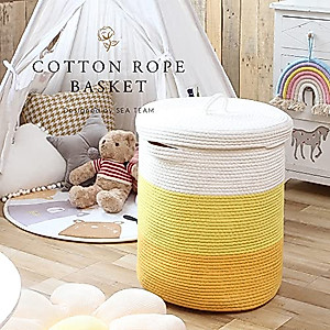 Sea Team Large Size Cotton Rope Woven Storage Basket with Lid, Lidded Laundry Hamper with Handles, Fabric Bucket with Cover, Clothes Toys Organizer for Kid's Room, 16 x 20 inches, White & Yellow