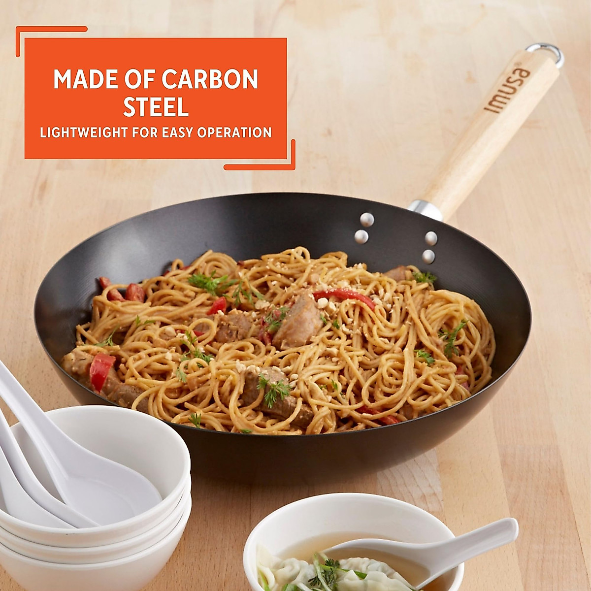 IMUSA USA IMU-52005 Nonstick Wok with Wood Handle 11-Inch