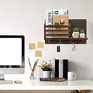 Wooden Wall Mounted Mail and Key Holder, Mail Letter Sorter Organizer Key Holder Hooks Rack Hanging with 4 Double Key Hooks, Cap Rack Floating Shelf Rustic Home Decor for Entryway, Kitchen, Mudroom