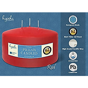 HYOOLA Red Three Wick Large Candle - 6 x 3 Inch - Unscented Big Pillar Candles - 62 Hour - European Made