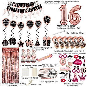 Sweet 16 Birthday Decorations Girls - (76pack) Rose Gold Party Banner, Pennant, Hanging Swirl, Birthday Balloons, Foil Backdrops, Cupcake Topper, Plates, Photo Props, Sash, Happy 16th Birthday Gifts