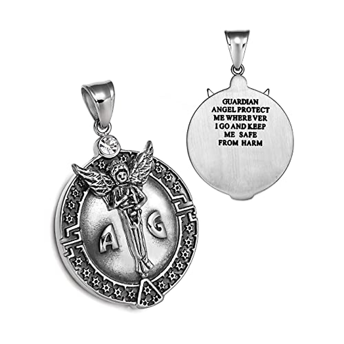 Saint Michael Pendant Holding Holy Cross - Army of God Seal - Archangel Protection Prayer - King of Solomon Star of David Accents - Antique Finish - Guardian Angel Miraculous Medal - White Crystal