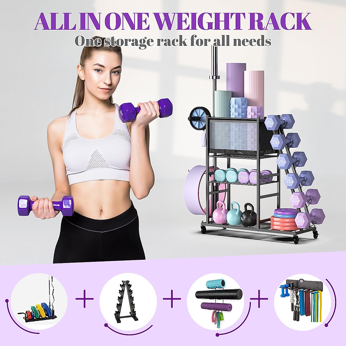 Mythinglogic Dumbbell Rack for Home Gym, Weight Rack for Dumbbells Hold up to 420 Pounds, Multifunctional Yoga Mat Holder for Barbell plates and Kettlebells, Home Gym Storage Rack Made of Steel