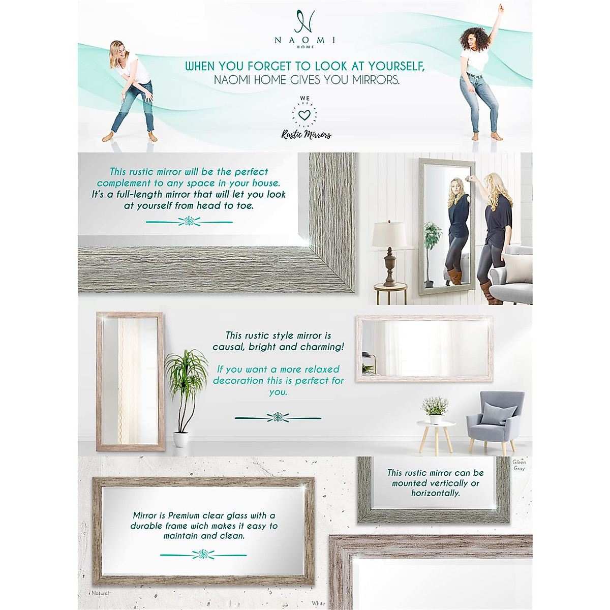 Naomi Home Farmhouse Full-Length Mirror with Wood Frame – Rustic 66"x32" Large Floor Mirror, Elegant Full Body Standing or Wall Mirror, Rustic Wood Mirror Full Length for Bedroom, Warm Grey Finish