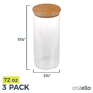 Crutello Glass Food Storage Containers with Bamboo Lids, 3 Pack - 72 Fluid oz Airtight Clear Kitchen Organization Canisters - A Family-Owned American Brand