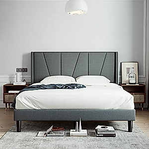 SHA CERLIN Queen Bed Frame, Upholstered Platform Bed with Geometric Headboard and Wingback, Wood Slat Support, No Box Spring Needed, Grey