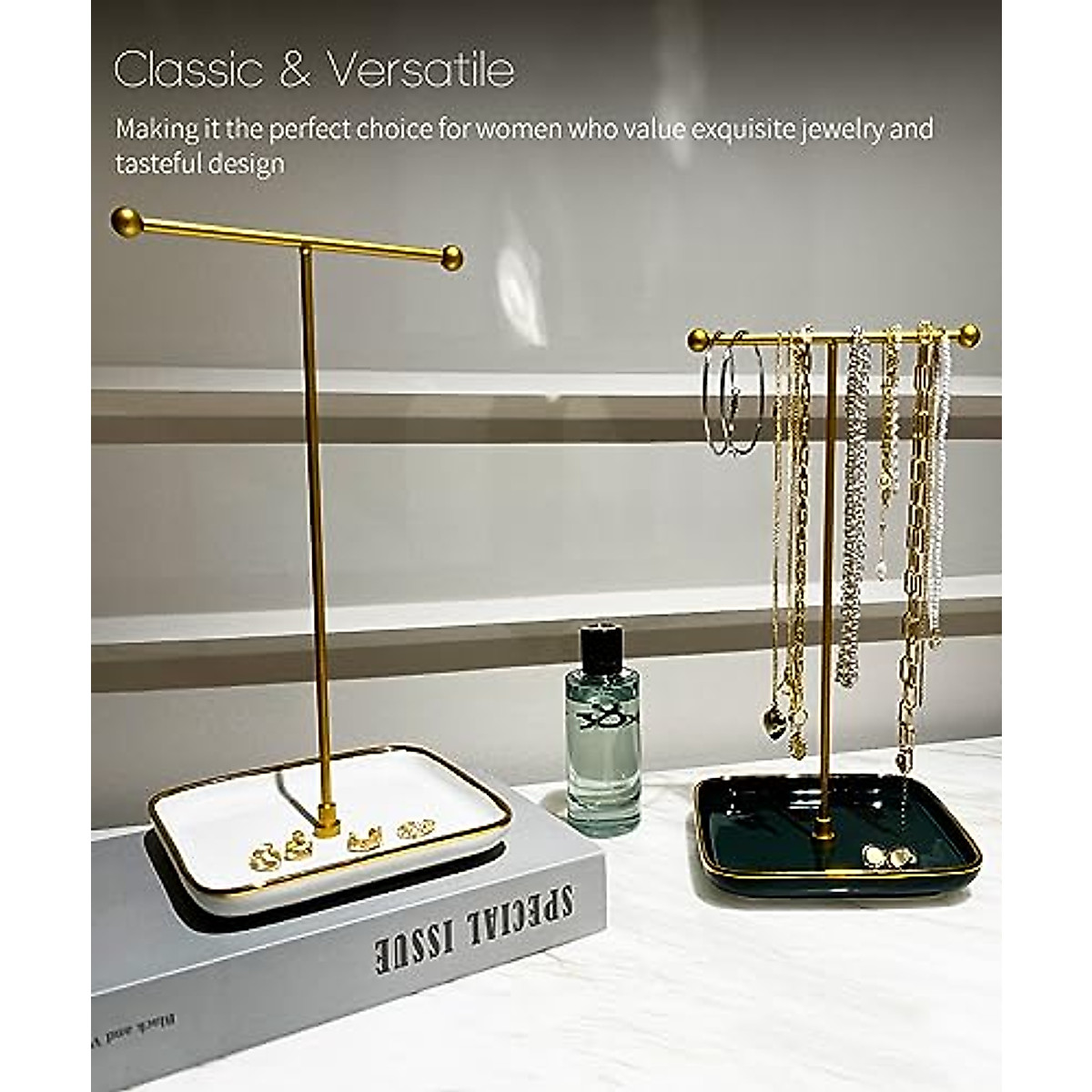 VROOMIUM Necklace Holder- Ceramic Base 1ft Height Jewelry Organizer Stand, Aesthetic Jewelry Hanger Display for Necklaces, Bracelets, Rings, Exhibidor de Collares-Classic White