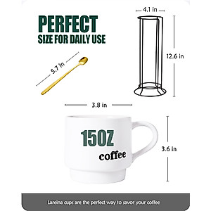 Lareina Porcelain Stackable Coffee Mug Set With Rack and Spoons, 15 Ounce Cappuccino Cup Set of 4 for Specialty Coffee Drinks and Tea - White