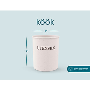 KooK Large Utensil Crock for Kitchen Counter, Ceramic Utensil Holder, Heavy & Stable Caddy, Farmhouse Decor, Matte Speckled Stoneware, Cream, 6 inch, Dishwasher Safe