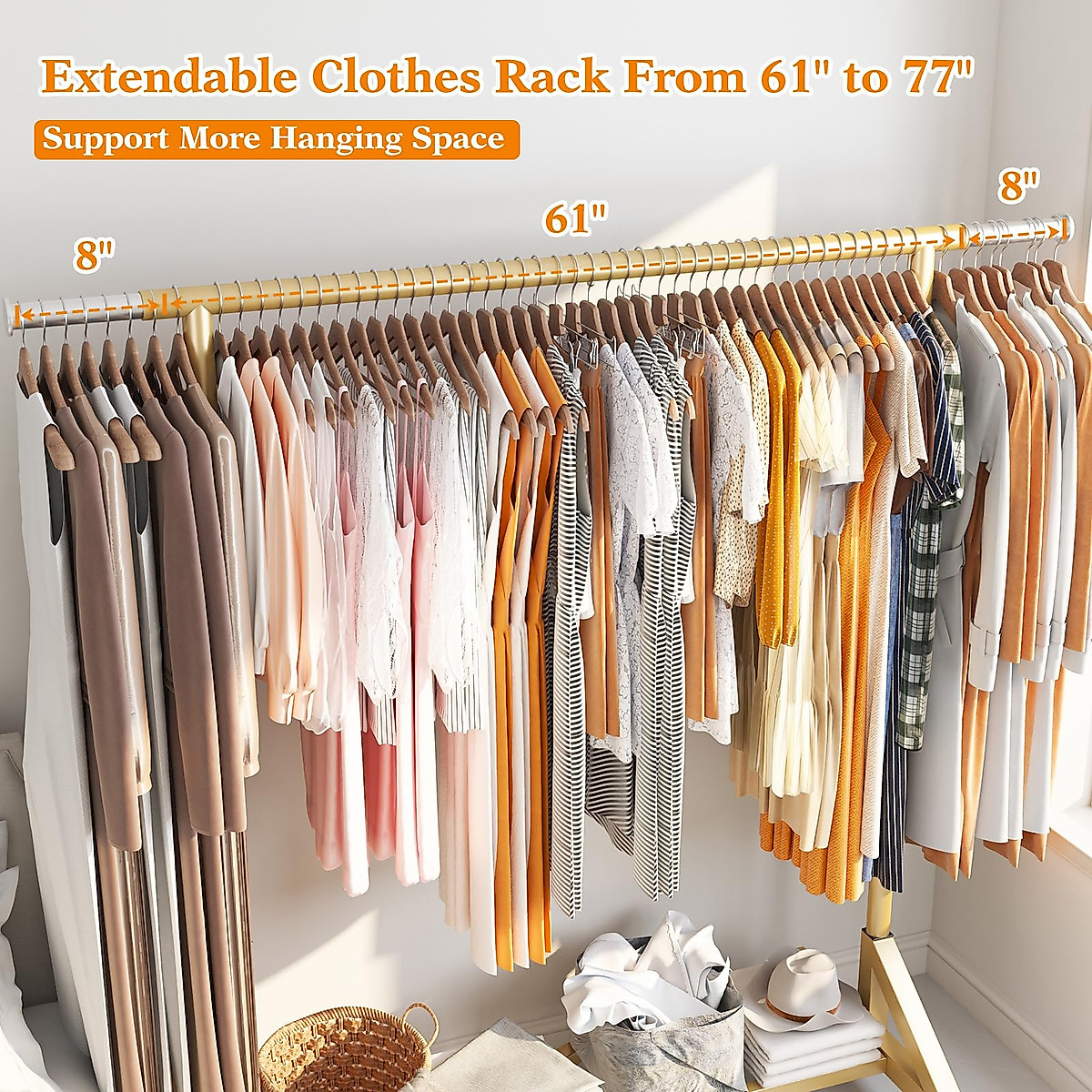 Raybee Clothes Rack 77" W Heavy Duty Clothing Rack Gold Clothing Rack with Wheels Clothes Racks for Hanging Clothes Heavy Duty Metal Rolling Garment Rack Industrial Clothing Rack 77''W×66''H×24''D