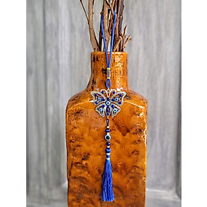 LUCKBOOSTIUM Center Evil Eye Butterfly Charms Pendant in Blue Crystal Stone w/Tassels for Good Luck & Protection Car Rear View Mirror Hanging Ornament Accessories Home Decor Charm