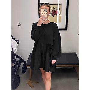 Dokuritu Sweatshirt Dress Women Crew Neck Long Sleeve Patchwork Pullover Tops Flowy Oversized Sweatshirt Mini Dress Black
