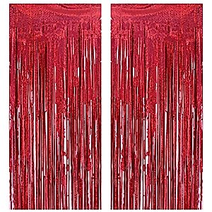 2 Pack 3.2ft x 8.2ft Red Foil Fringe Curtain, Glitter Metallic Tinsel Foil Fringe Curtains Photo Booth Backdrop Tinsel Door Curtains for Wedding Bridal Shower Bachelorette Christmas Party Decorations