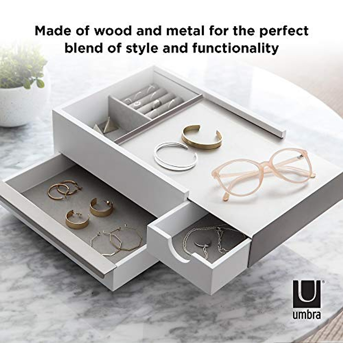 Umbra Stowit Jewelry Box-Modern Keepsake Storage Organizer with Hidden Compartment Drawers for Ring, Bracelet, Watch, Necklace, Earrings, and Accessories (White/Nickel)