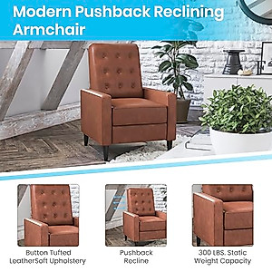 Flash Furniture Erza LeatherSoft Button Tufted Pushback Recliner, Mid-Century Modern Recliner Chair for Residential and Commercial Use, Cognac Brown