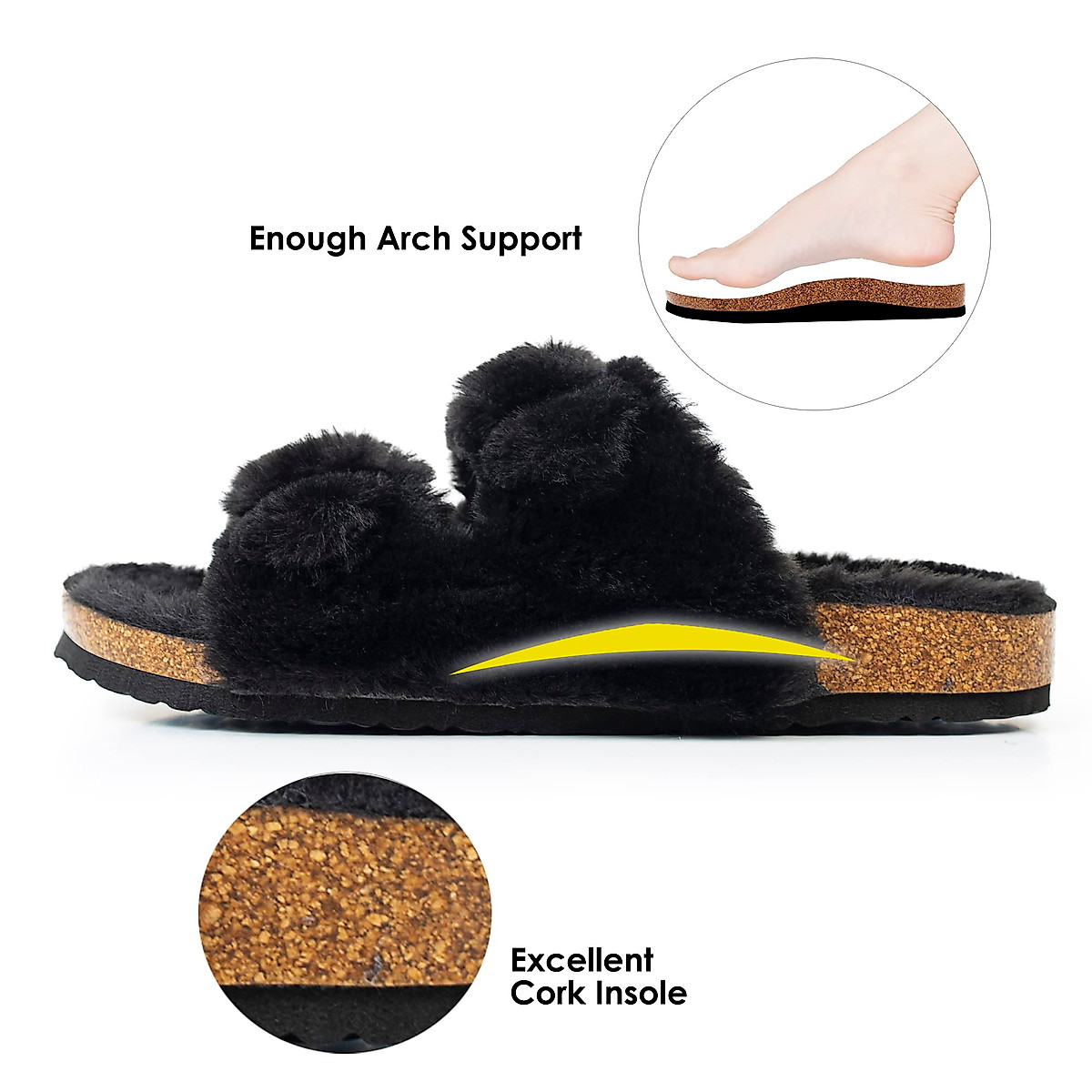 FITORY Womens Open Toe Slipper with Cozy Lining,Faux Rabbit Fur Cork Slide Sandals Black Size 9