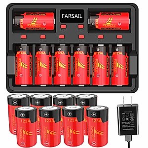 123A Batteries Rechargeable and Charger, FARSAIL 16-Pack 800mAH 123A NiMH Rechargeable Batteries Compatible with Arlo VMC3030 VMK3200 VMS3130 3230C 3430 3530 Cameras, Alarm System, Flashlight