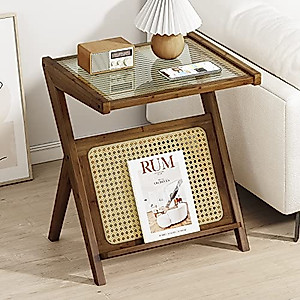 Bamworld Rattan Side Table Boho NightStand Mid Century Modern End Table Glass Bedside Table Small End Tables Bamboo Coffee Table with Storage for Living Room Bedroom
