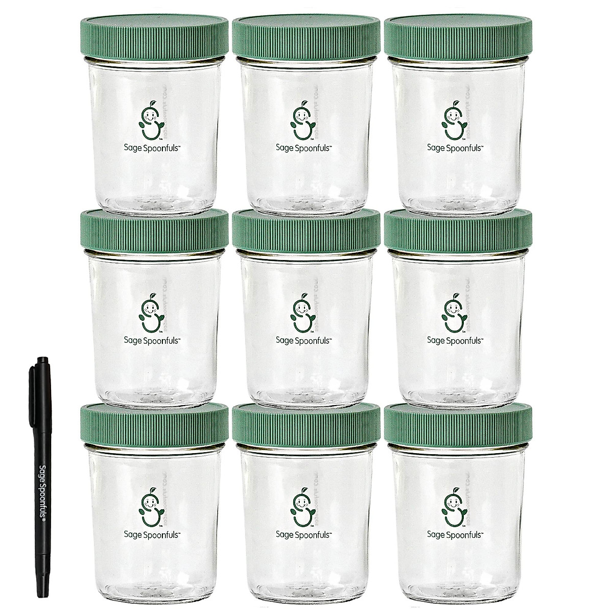 Sage Spoonfuls Glass Baby Food Containers with Lids - 9 Pack, 8 oz Glass Baby Food Jars, Freezer Storage, Durable & Leakproof, Reusable Glass Baby Food Containers, Microwave & Dishwasher Friendly