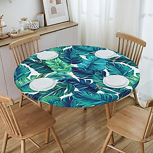 KUOAICY Tropical Palm Leaves Round Tablecloth Elastic Fitted Table Cover Washable Reusable Elastic Edge Tablecloths for Kitchen Dining Party Fitted Table 45-50 inch