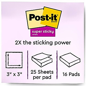 Post-it Super Sticky Full Stick Notes, 3x3 in, 16 Pads, 2x the Sticking Power, Energy Boost Collection, Bright Colors (Orange, Pink, Blue, Green), Recyclable (F330-16SSAU)