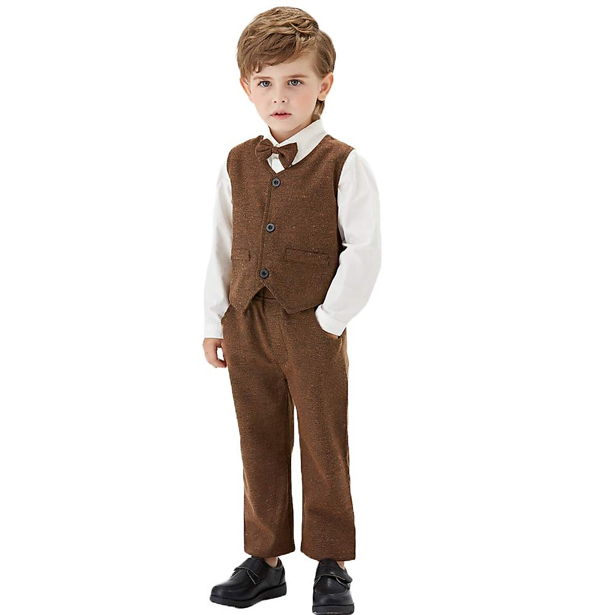 Toddler Boys Formal Suits Kids Classic Fit Dresswear Suit Vest Set Outfit(Brown, 90/18-24 Months)