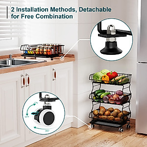 Onion and Potato Storage, Packism 4 Tier Fruit Vegetable Storage Basket with Protective Mats, Rolling Cart Vegetable Storage with Lockable Wheels for Kitchen, Bathroom, Pantry - Black