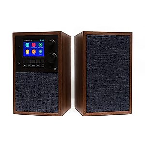 Grace Digital Mondo Alto and Stereo Speaker Bundle, Bluetooth, Wi-Fi, Internet Radio, 7-Day Alarm – Microphone Free (Walnut)