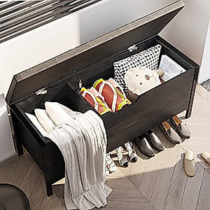 LIKIMIO Storage Ottoman Bench, 43 Inch Wooden Storage Bench with Leather Button Padded Seat for Bedroom End of Bed/Living Room/Entryway, Black