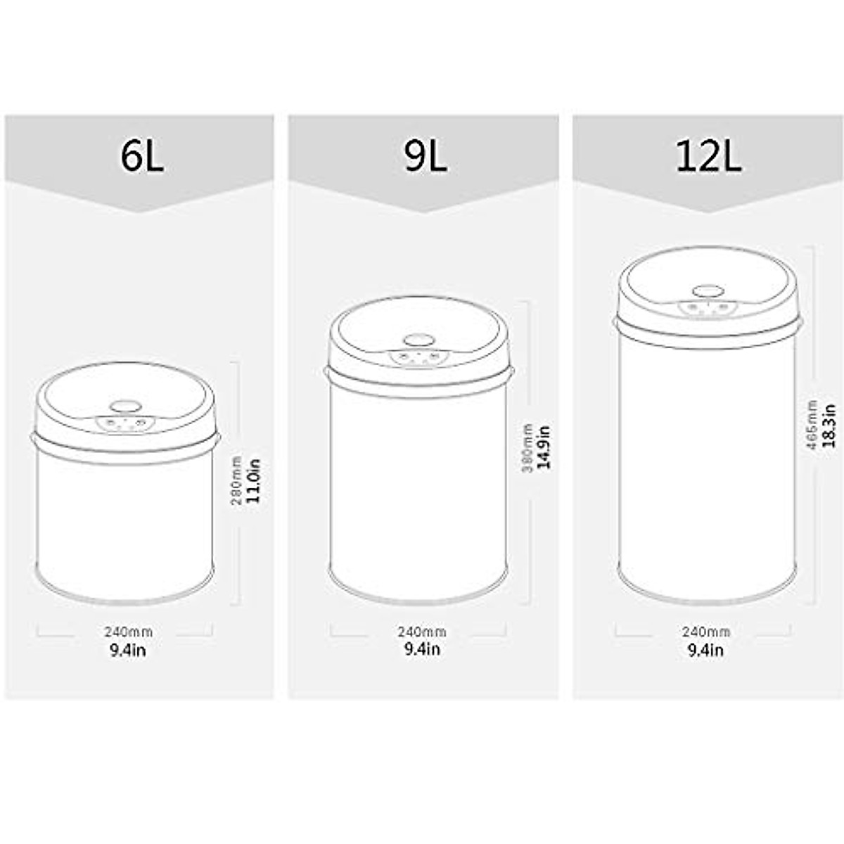 ZYJBM Smart Induction Trash Can Drum-Shaped Automatic Trash Can with Lid Stainless Steel Household Trash Can for Living Room Kitchen Bathroom Trash Can (Color : E, Size : 12L)