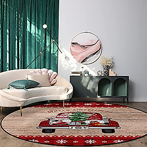 OUR DREAMS Christmas Round Area Rugs Children Crawling Mat Non-Slip Mat, Truck Xmas Gnomes on The Wooden Board Residential Carpet for Living Dining Room Kitchen Rugs Decor, 3Ft(36In)