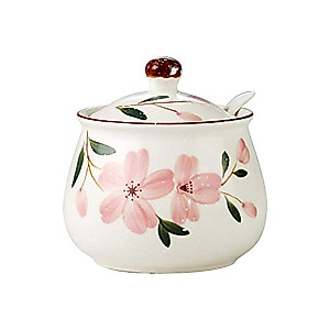 Ceramic Japanese Hand Painted Flower Sugar Bowl Seasoning Jar with Lid Spoon
