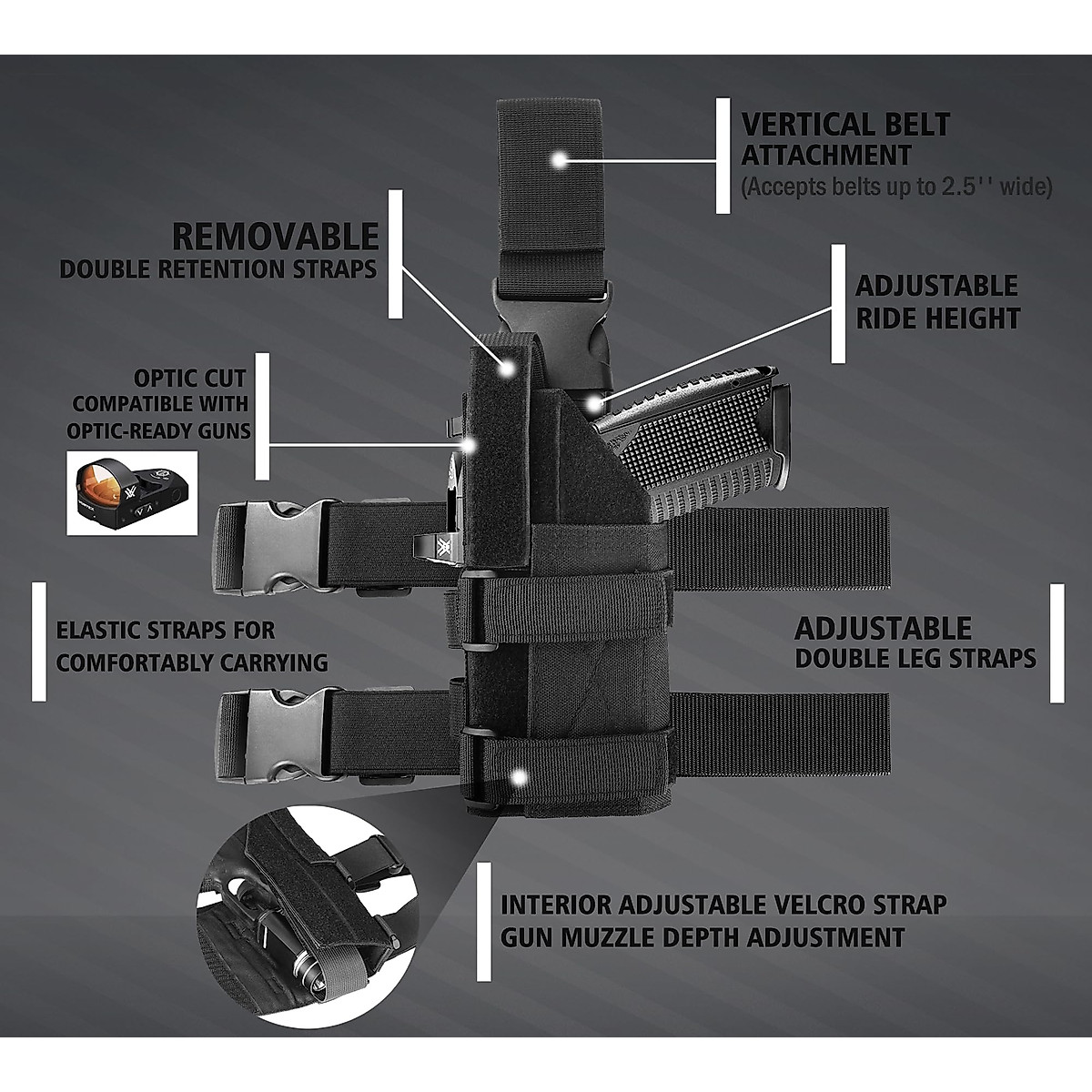 Left Handed Drop Leg Tactical Gun Holster fit Pistol with Optic/Light/Laser, Adjustable Thigh Nylon Gun Holster Compatible with Glock 1911 S&W Sig Sauer Taurus Berreta CZ HK and More