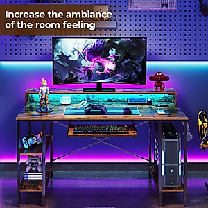 Rolanstar Computer Desk 47 inch with LED Lights & Power Outlets, Gaming Desk with Storage Shelves, Home Office Desk with Keyboard Tray, Writing Desk with Monitor Stand, Work Desk, Rustic Brown