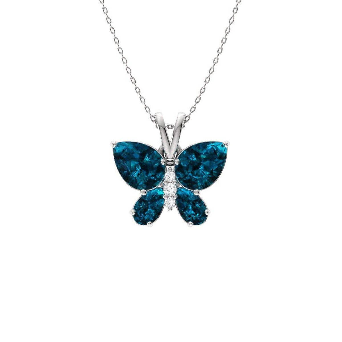 Diamondere Natural and Certified London Blue Topaz and Diamond Butterfly Petite Necklace in 14k White Gold | 1.11 Carat Pendant with Chain