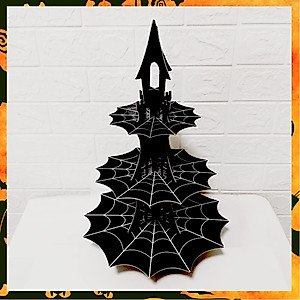 3-Tiers Spider Web Cupcake Stand for Hero Theme Party Supplies. Haunted House, Ghost,Cardboard, Dark Building Dessert Holder Halloween Party Serving Tray