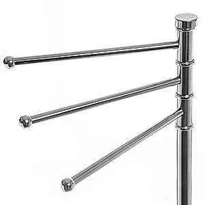 MyGift 38 Inch Silver Metal Freestanding Towel Rack for Bathroom with 3 Swivel Arms and Sturdy Round Base